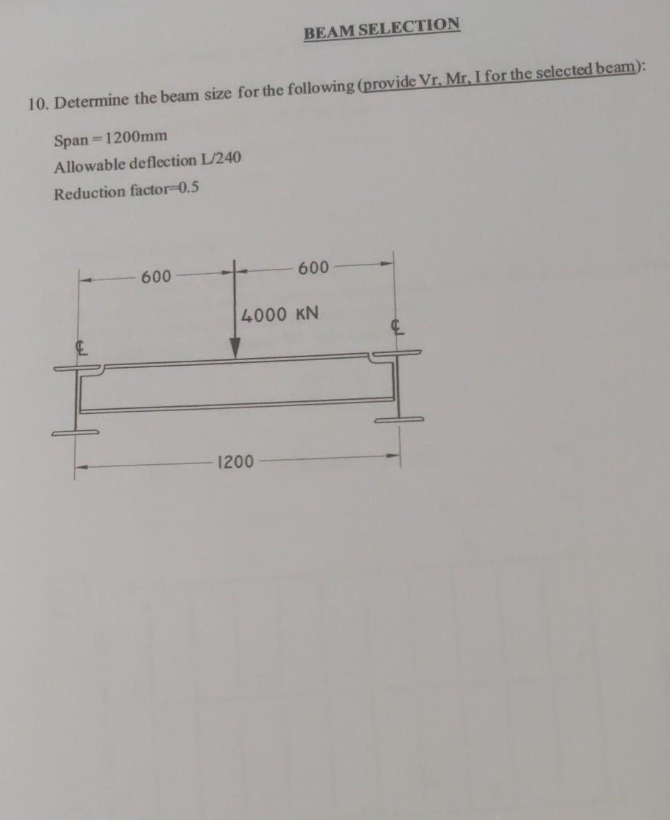 Solved BEAM SELECTION 10. Determine the beam size for the | Chegg.com