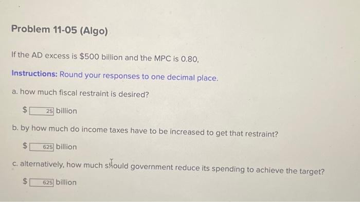 Solved Problem 11-05 (Algo) If the AD excess is $500 billion | Chegg.com