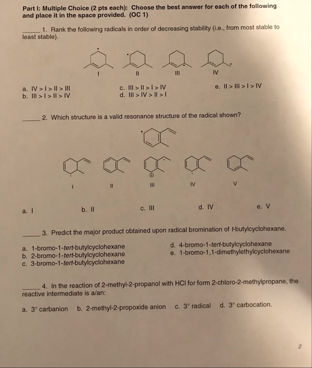 Organic chem multiple choice, covering: radical | Chegg.com