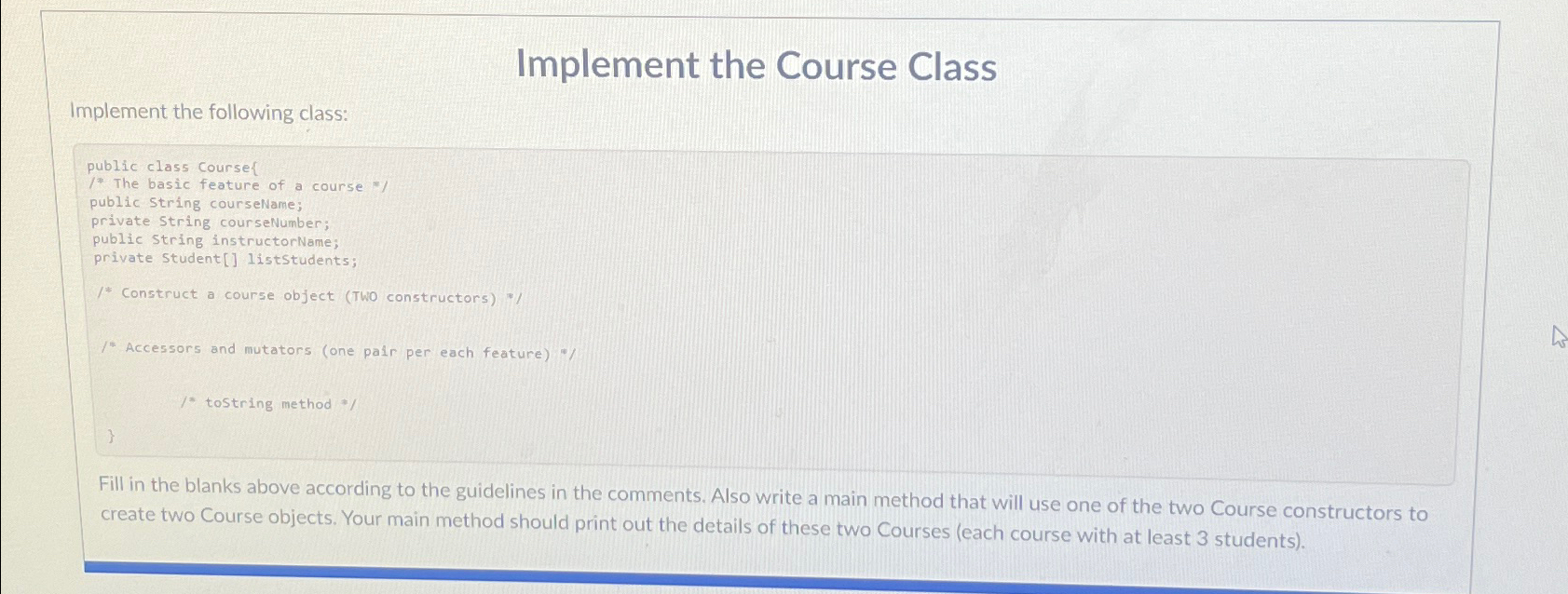 Solved Implement the Course Class\\nImplement the following | Chegg.com Solved Implement the Course Class\\nImplement the following | Chegg.com