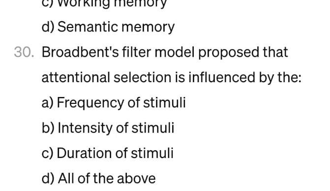 Solved d) ﻿Semantic memory30. ﻿Broadbent's filter model | Chegg.com