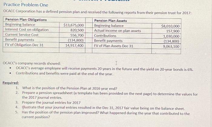 Solved Practice Problem One OCACC Corporation has a defined | Chegg.com