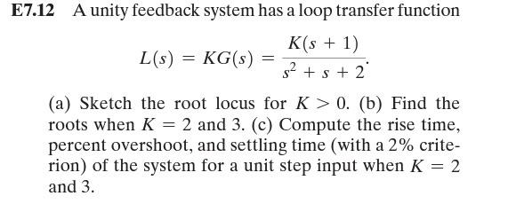 Solved E7.12 A unity feedback system has a loop transfer | Chegg.com