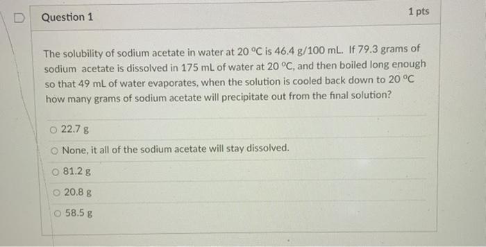 Solved 1 pts Question 1 The solubility of sodium acetate in | Chegg.com
