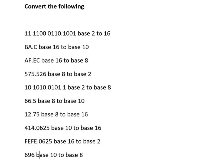 Solved Convert the following 11 1100 0110.1001 base 2 to 16 | Chegg.com