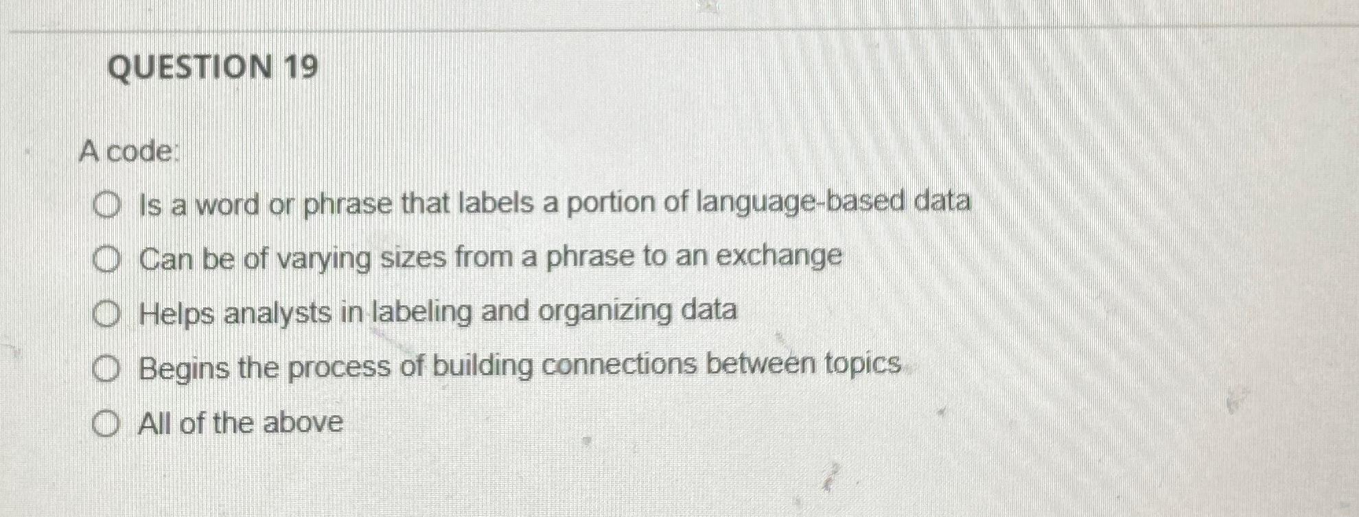 Solved QUESTION 19A code:Is a word or phrase that labels a | Chegg.com