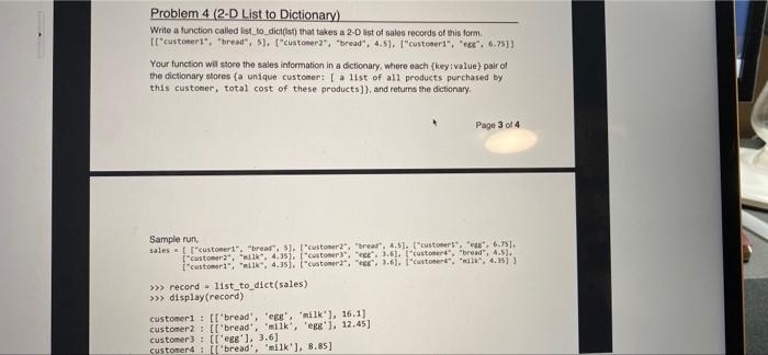 Solved Problem 4 (2-D List to Dictionary). Write a function | Chegg.com