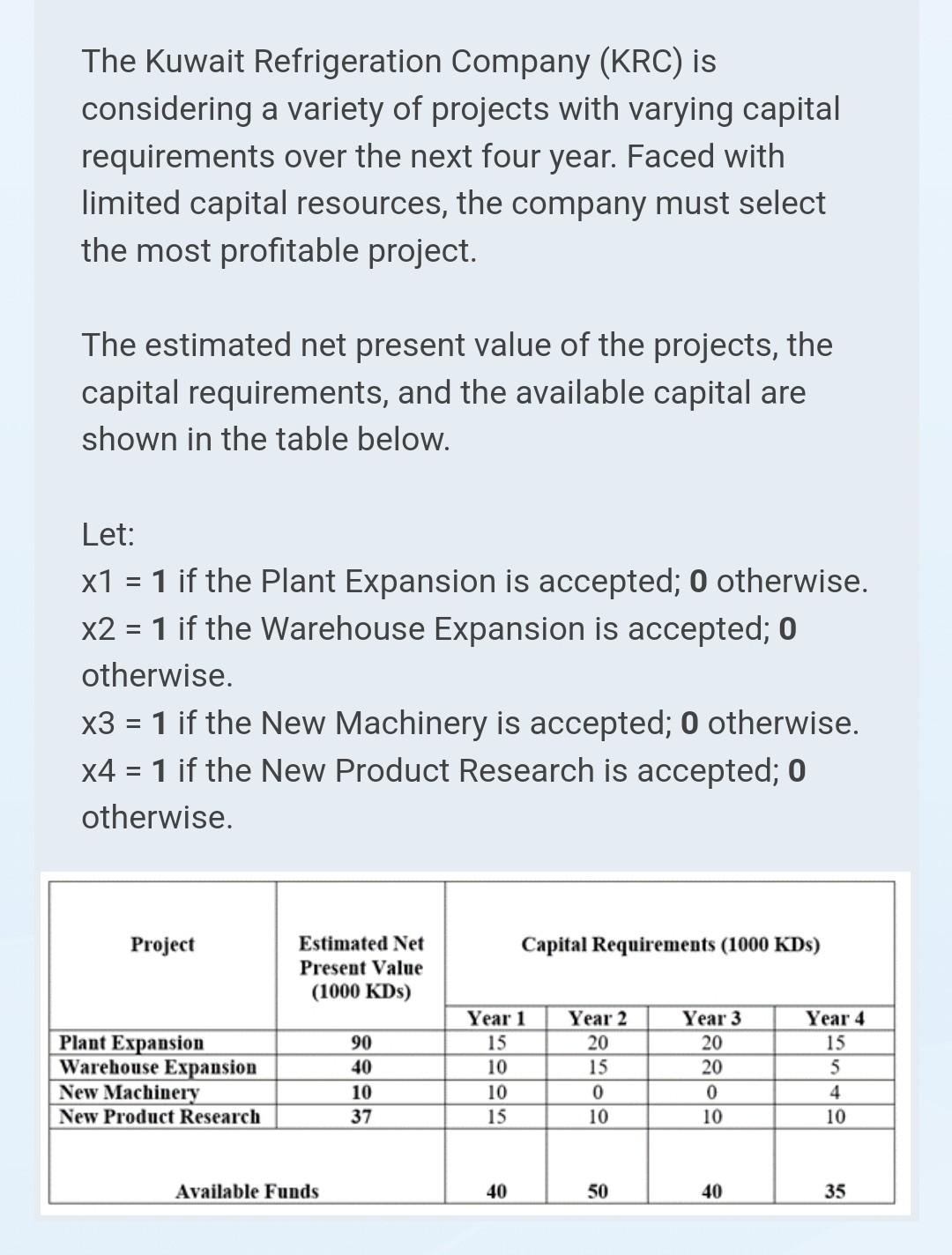 Solved The Kuwait Refrigeration Company (KRC) is considering | Chegg.com