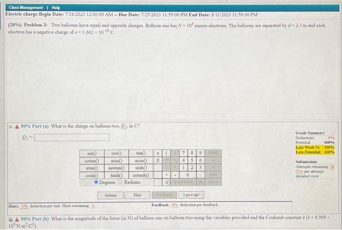 Solved (20\%) Problem 3: Two balloons have equal and | Chegg.com
