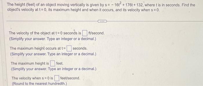 Solved The height (feet) of an object moving vertically is | Chegg.com