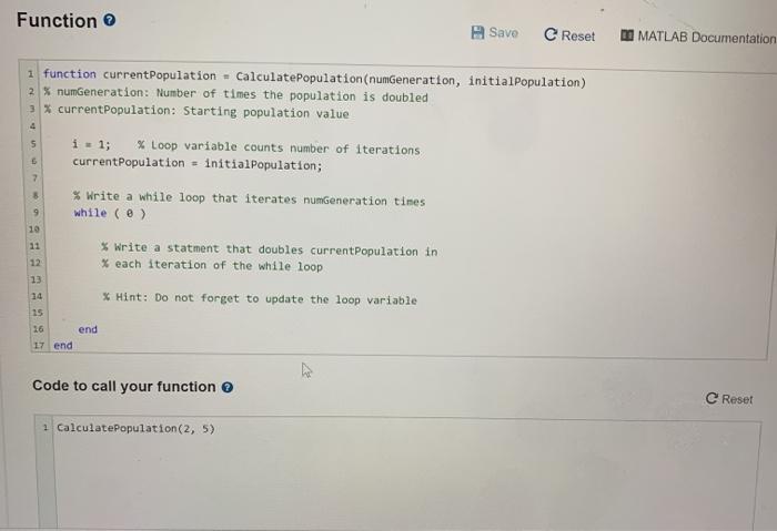 Solved Function A Save C Reset MATLAB Documentation 1 | Chegg.com