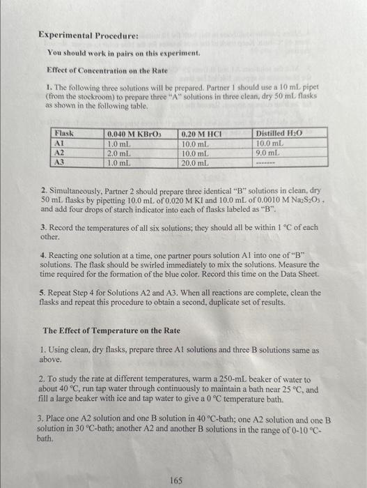 Solved Experimental Procedure: You should work in pairs on | Chegg.com