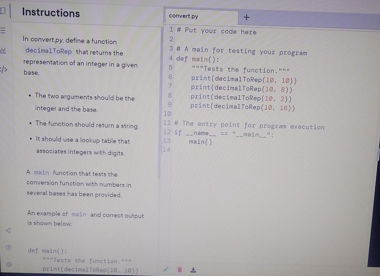 Solved A Main Function That Tests The Conversion Function Chegg