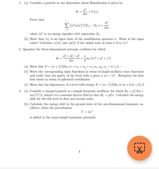 1. (a) Consider a particle in one dimension whose | Chegg.com