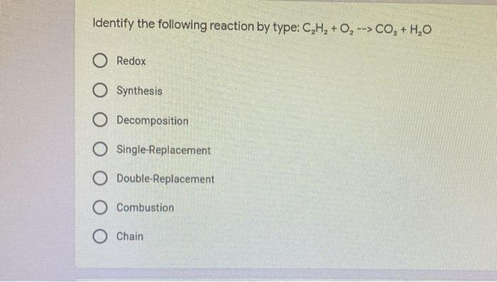 Solved Identify the following reaction by type: C2H2 + O2 | Chegg.com