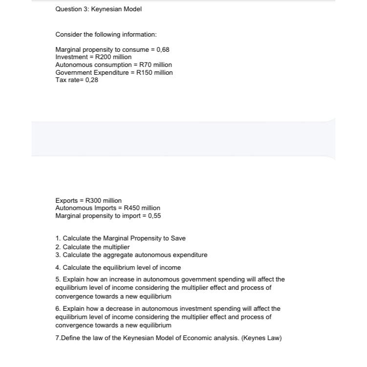 Solved Question 3: Keynesian ModelConsider the following | Chegg.com