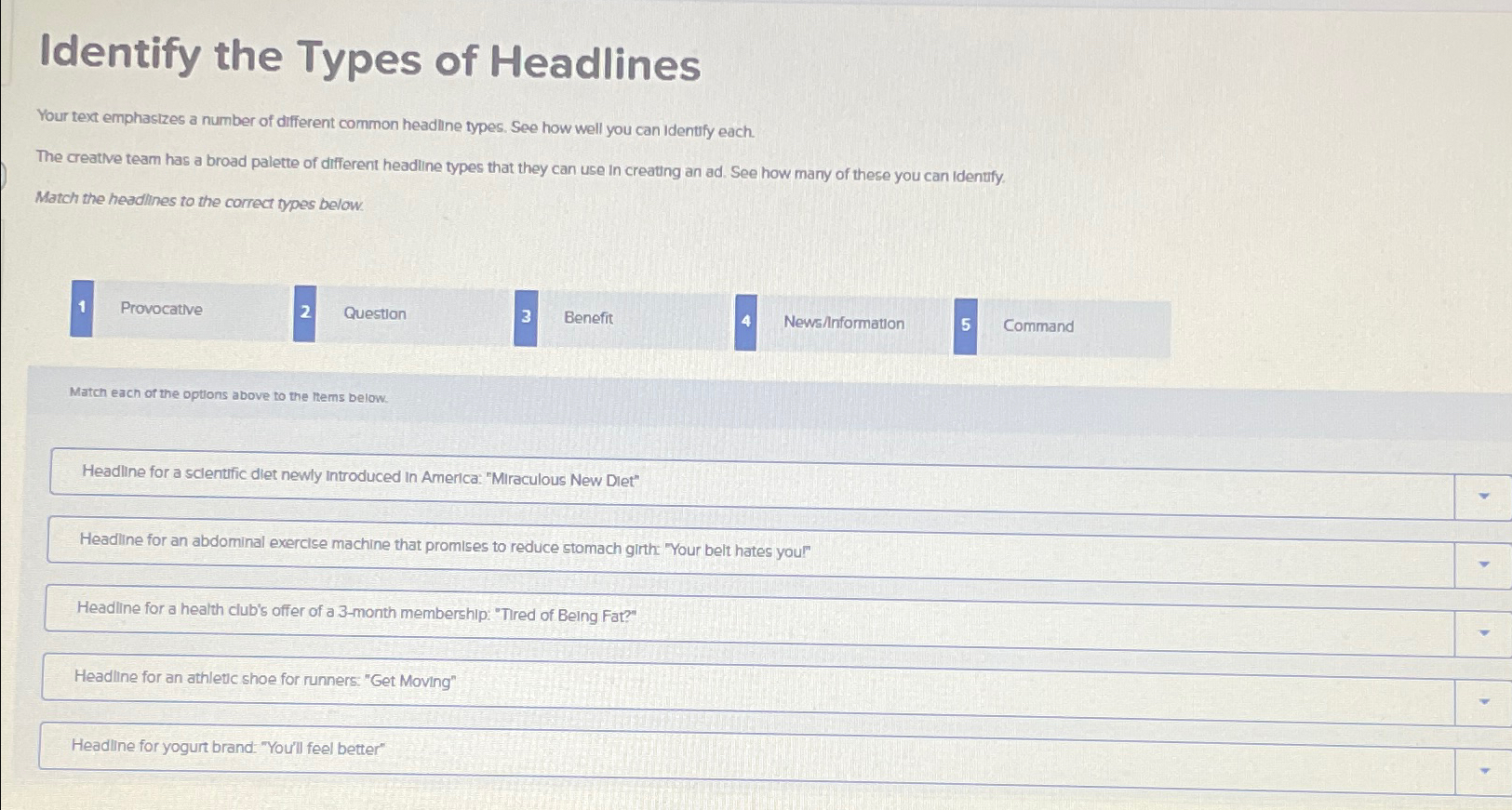 Solved Identify the Types of HeadlinesYour text emphasizes a | Chegg.com