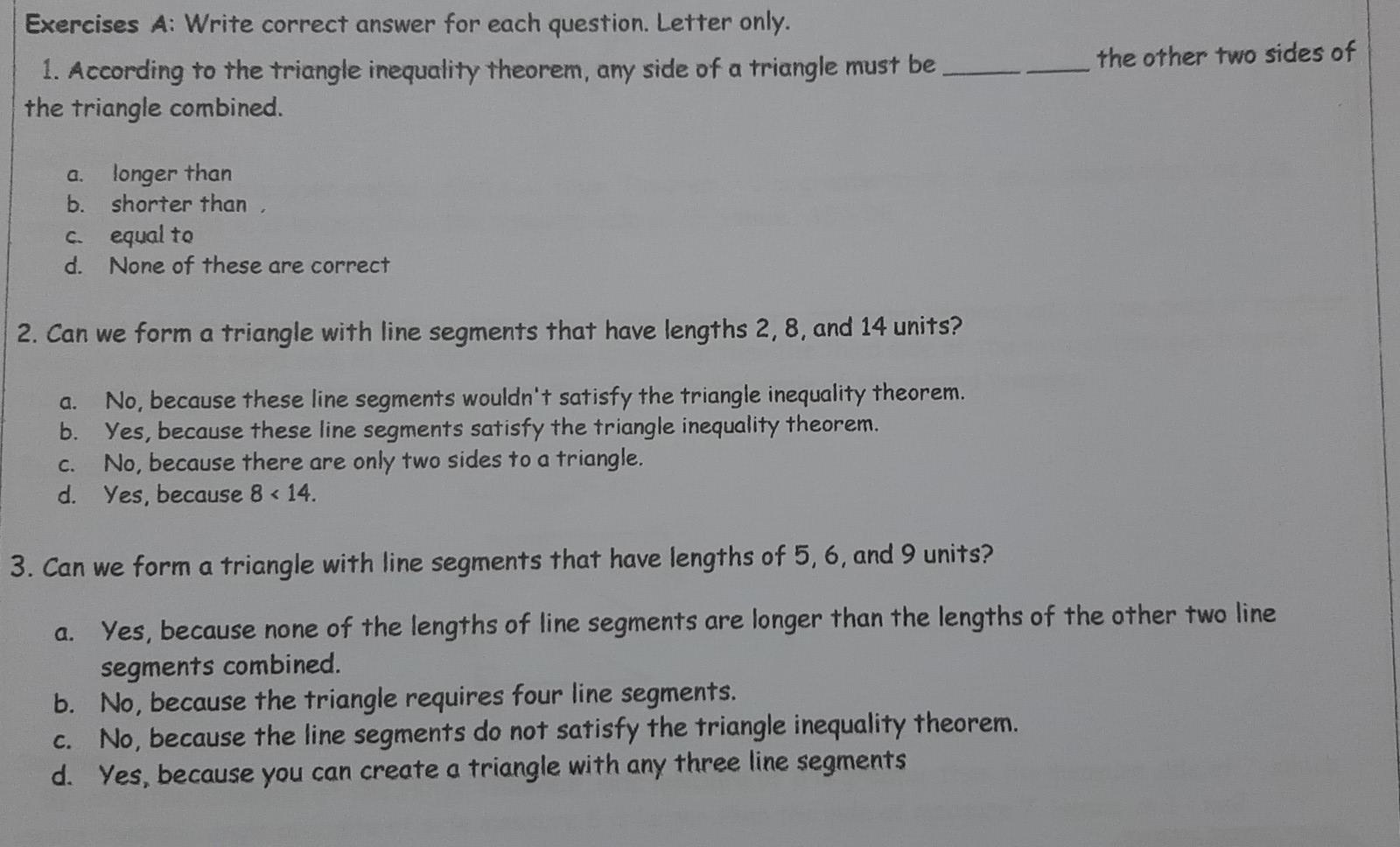 Solved Triangle Inequality Theorem 3 (S2 + S2 > S3)- if one | Chegg.com