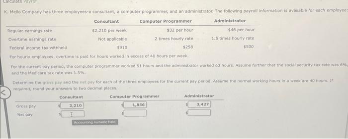 Solved K. Mello Company has three employees-a consultant, a | Chegg.com
