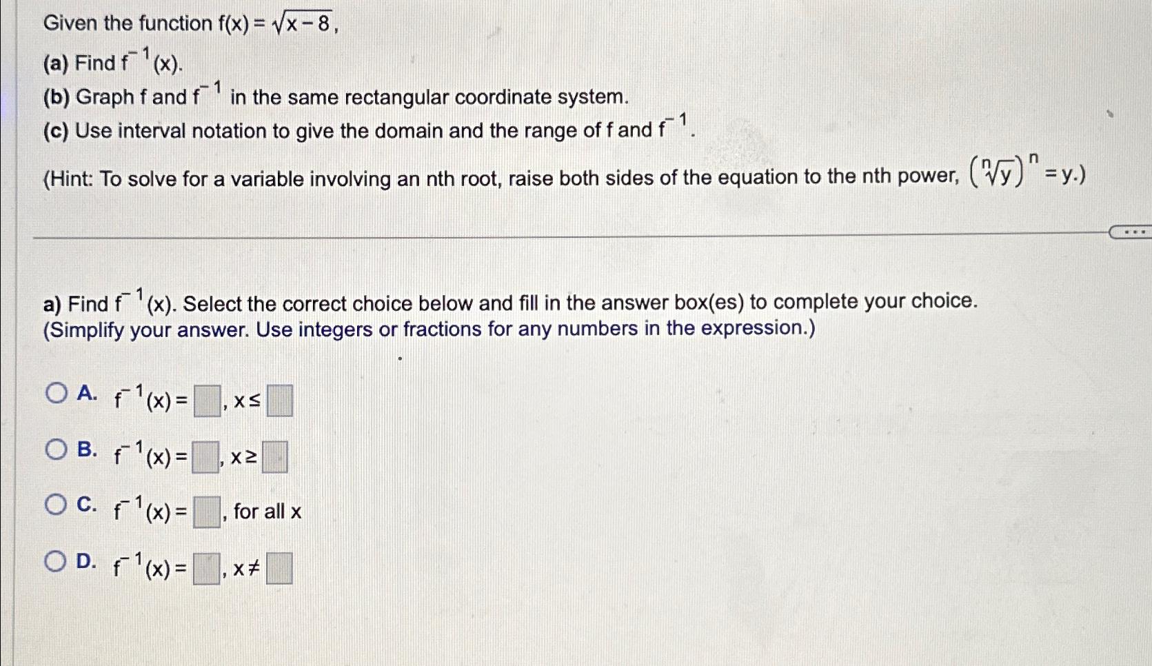 Solved Given the function f(x)=\\\\sqrt(x-8)\\n(a) Find | Chegg.com