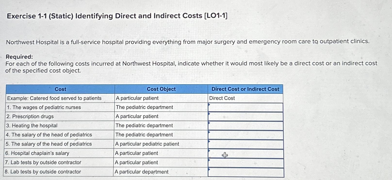 Solved Exercise 1-1 (Static) ﻿Identifying Direct and | Chegg.com