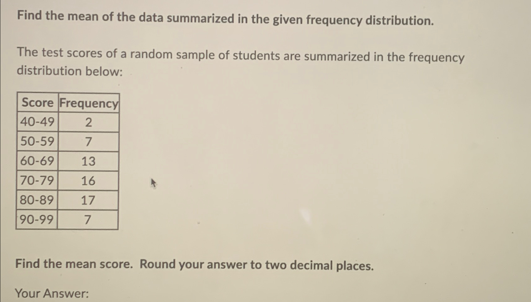 Solved Find the mean of the data summarized in the given | Chegg.com