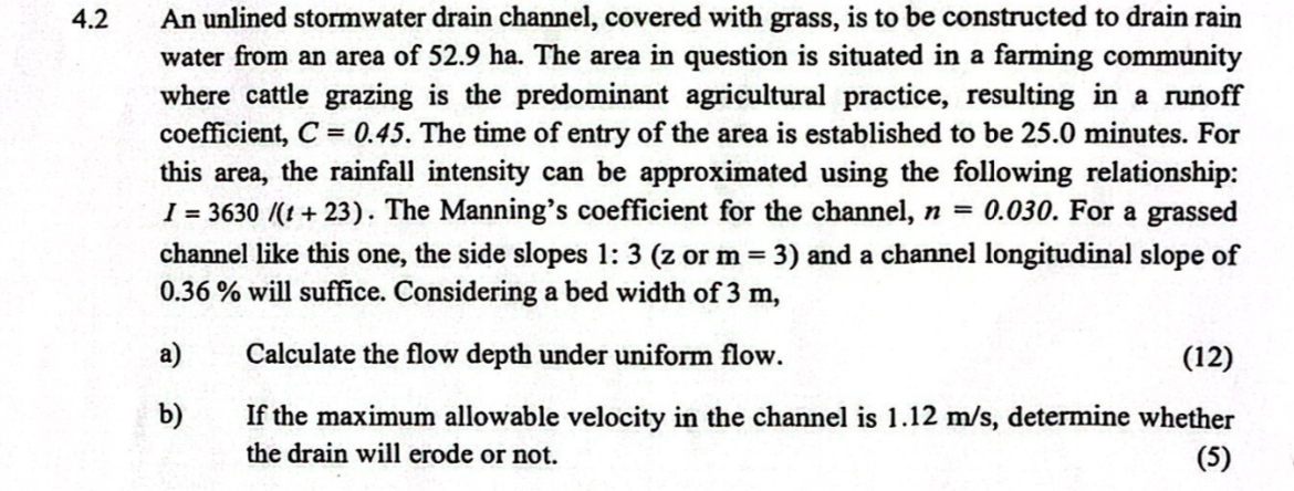 Solved 4.2 ﻿An unlined stormwater drain channel, covered | Chegg.com