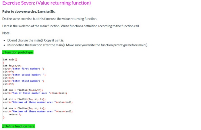 Solved Exercise Seven: (Value returning function) Refer to | Chegg.com