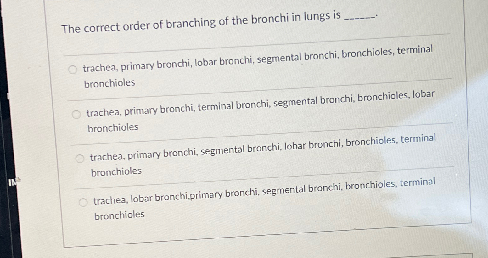 Solved The correct order of branching of the bronchi in | Chegg.com