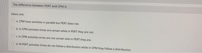Solved The difference between PERT and CPM is Select one: a. | Chegg.com