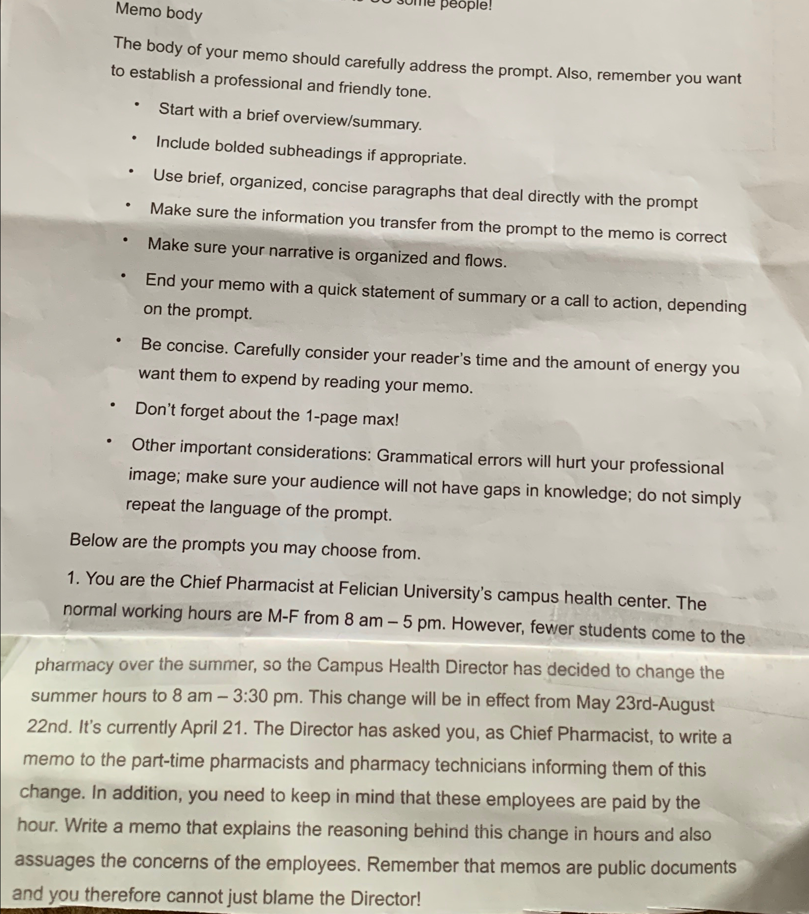 Solved Memo bodyThe body of your memo should carefully | Chegg.com