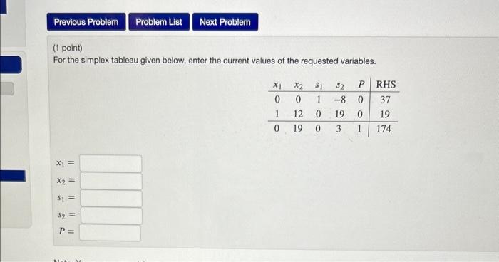 Solved (1 point) For the simplex tableau given below, enter | Chegg.com