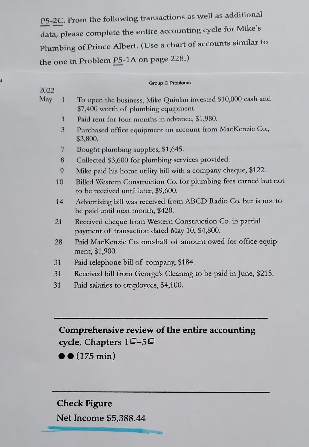 Solved P5-2C. From the following transactions as well as | Chegg.com