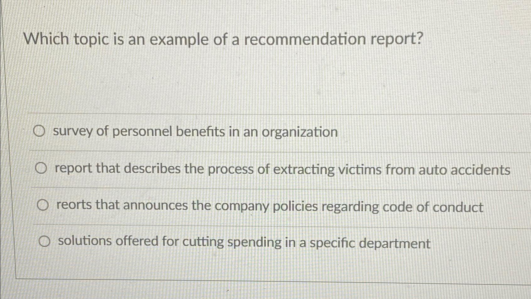 Solved Which topic is an example of a recommendation | Chegg.com