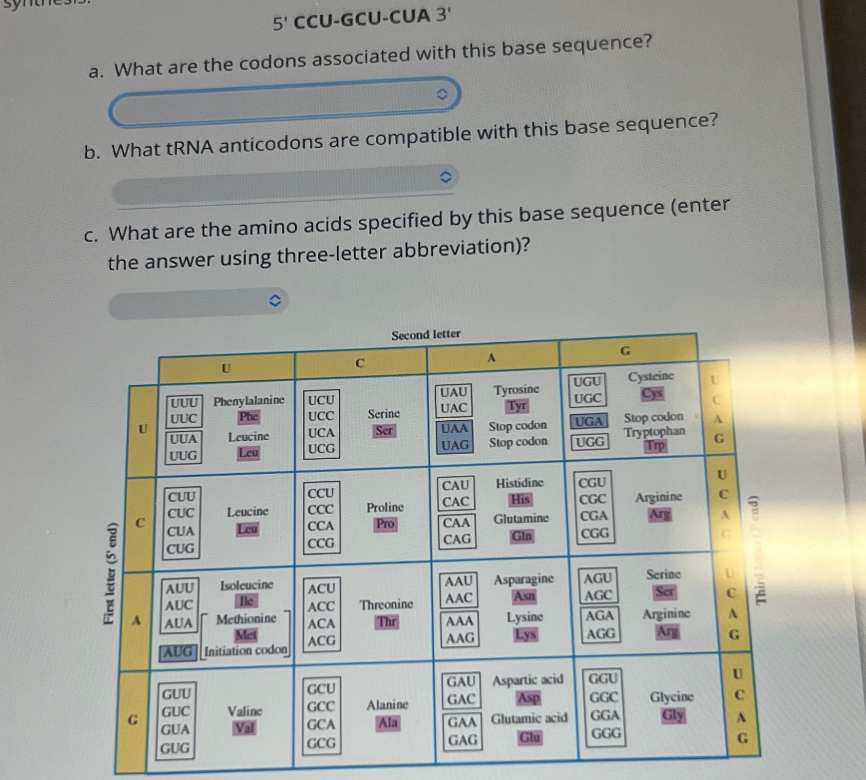 Solved 5' ﻿CCU-GCU-CUA 3'a. ﻿What are the codons associated | Chegg.com