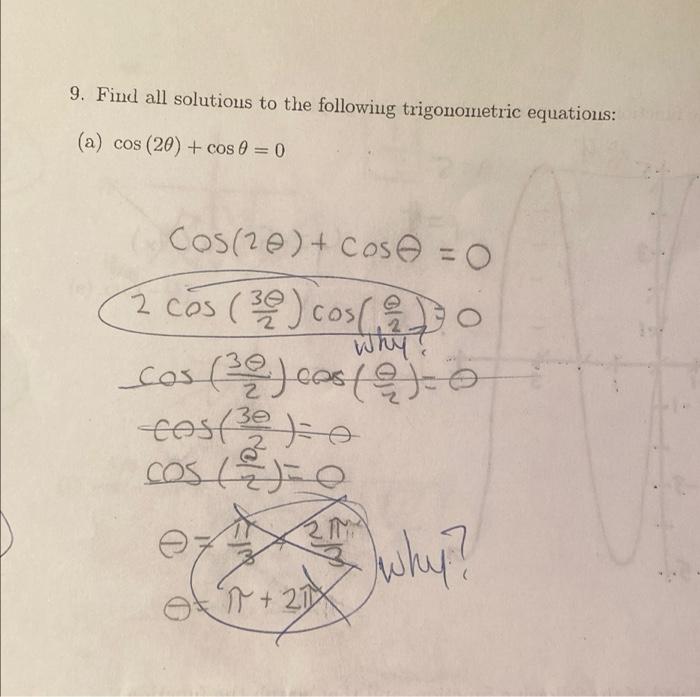 Solved (a) cos (20) + cos 0 = 0 9. Find all solutions to | Chegg.com