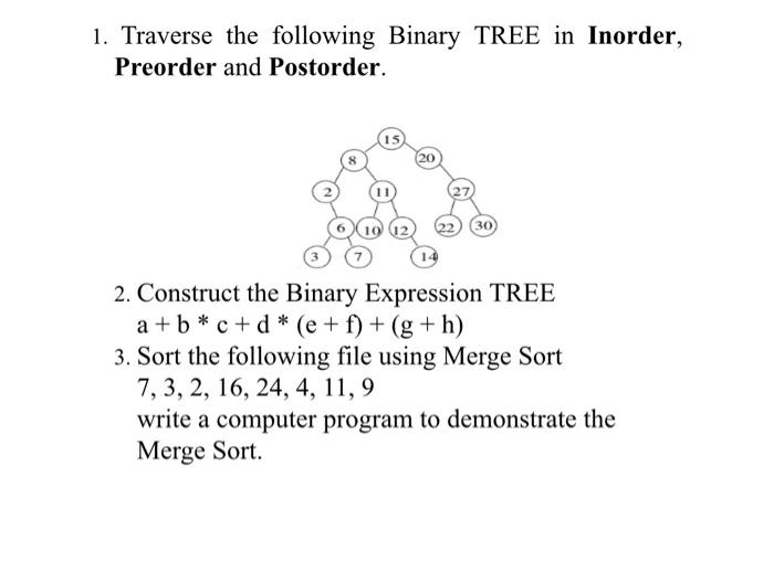 Solved 1. Traverse the following Binary TREE in Inorder, | Chegg.com