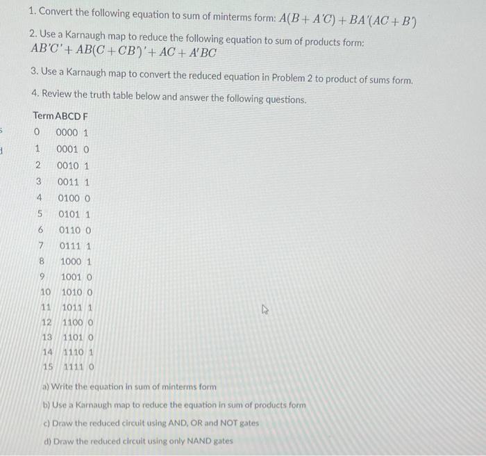 Solved 1. Convert the following equation to sum of minterms | Chegg.com