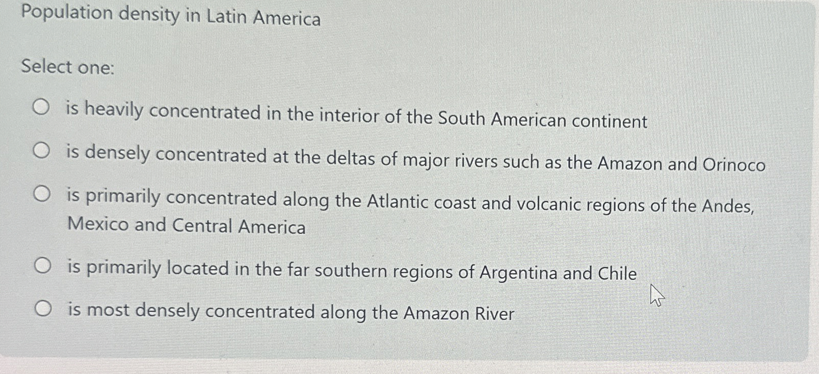 Solved Population density in Latin AmericaSelect one:is | Chegg.com