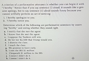 Solved A criterion of a performative utterance is whether | Chegg.com