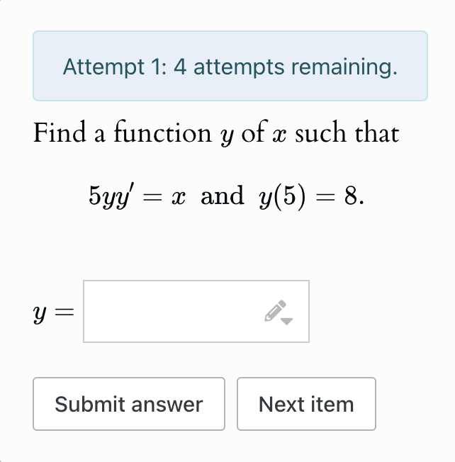 Solved Attempt 1: 4 ﻿attempts remaining.Find a function y | Chegg.com