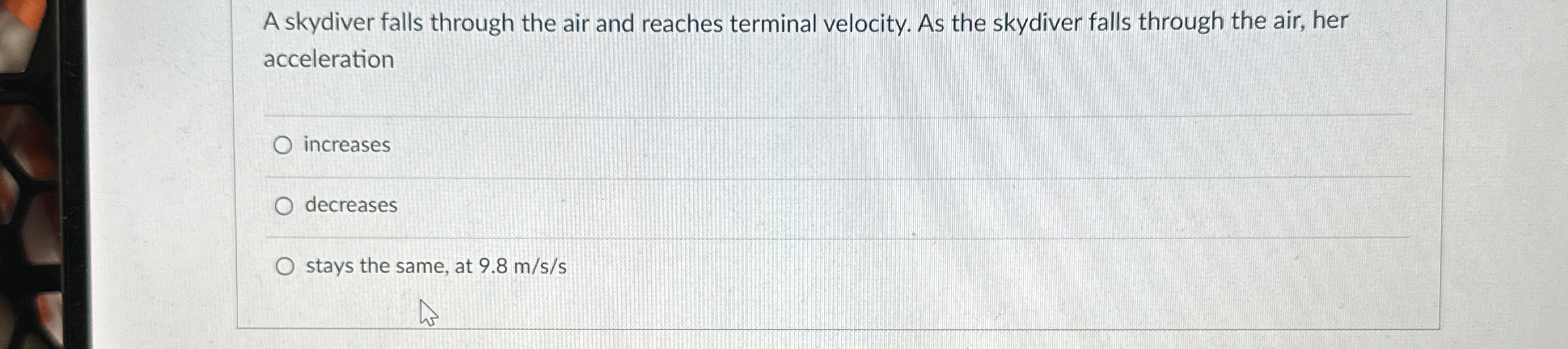 Solved A skydiver falls through the air and reaches terminal | Chegg.com