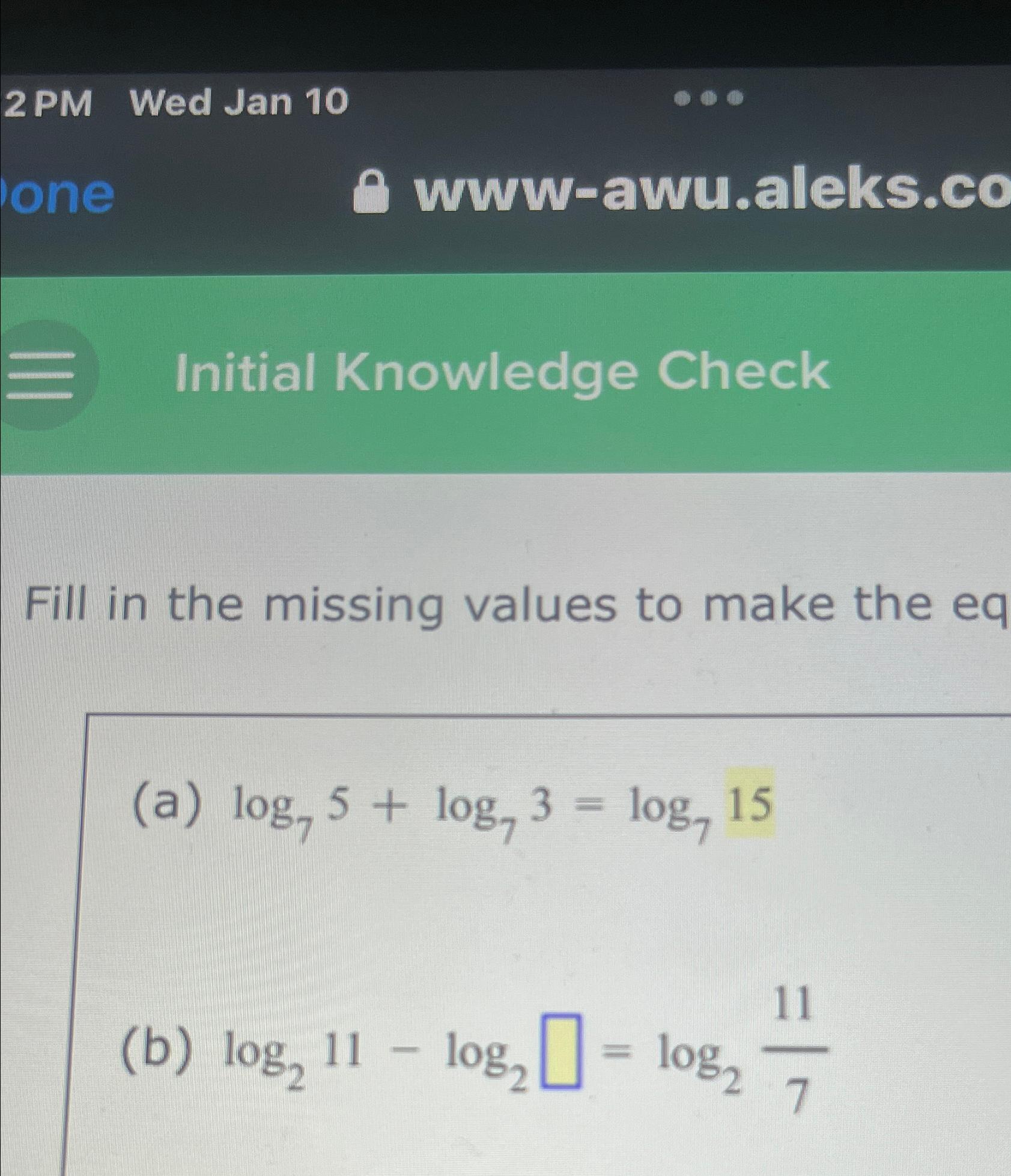 Solved 2 ﻿PM Wed Jan 10www-awu.aleks.coInitial Knowledge | Chegg.com