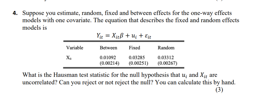 Solved 4. Suppose you estimate, random, fixed and between | Chegg.com