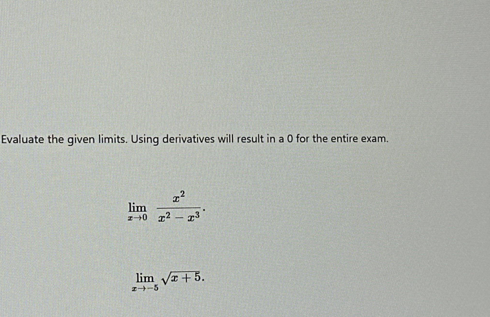 Solved Evaluate the given limits. ﻿Using derivatives will | Chegg.com
