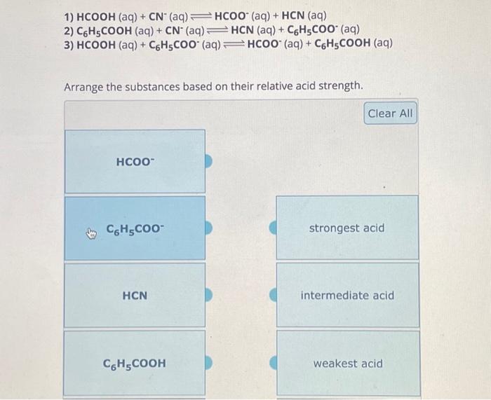 Solved 1) HCOOH(aq)+CN−(aq)⇌HCOO−(aq)+HCN(aq) 2) | Chegg.com