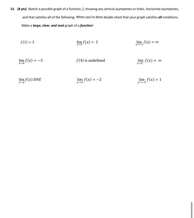 Solved 13. (8 pts) Sketch a possible graph of a function, f, | Chegg.com
