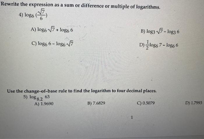 Solved in logarithmic form. 1) 62=36 A) log62=36 B) log636=2 | Chegg.com