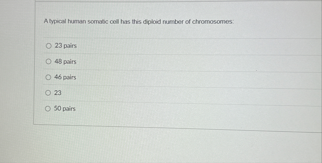 Solved A typical human somatic cell has this diploid number | Chegg.com