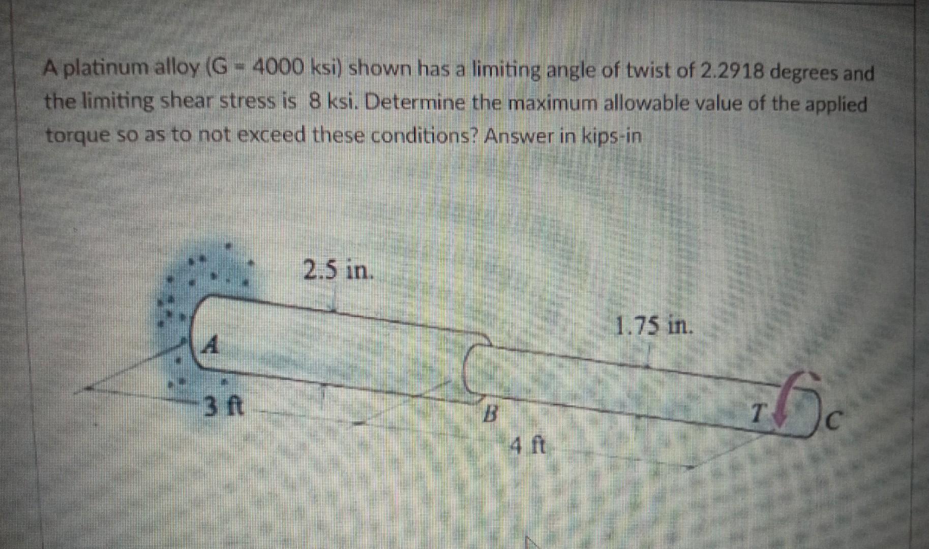 Solved A platinum alloy (G = 4000 ksi) shown has a limiting | Chegg.com